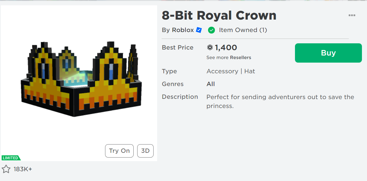 INDIRIM Roblox Limited 8-Bit Royal Crown 90 - 1195893 | İtemsatış